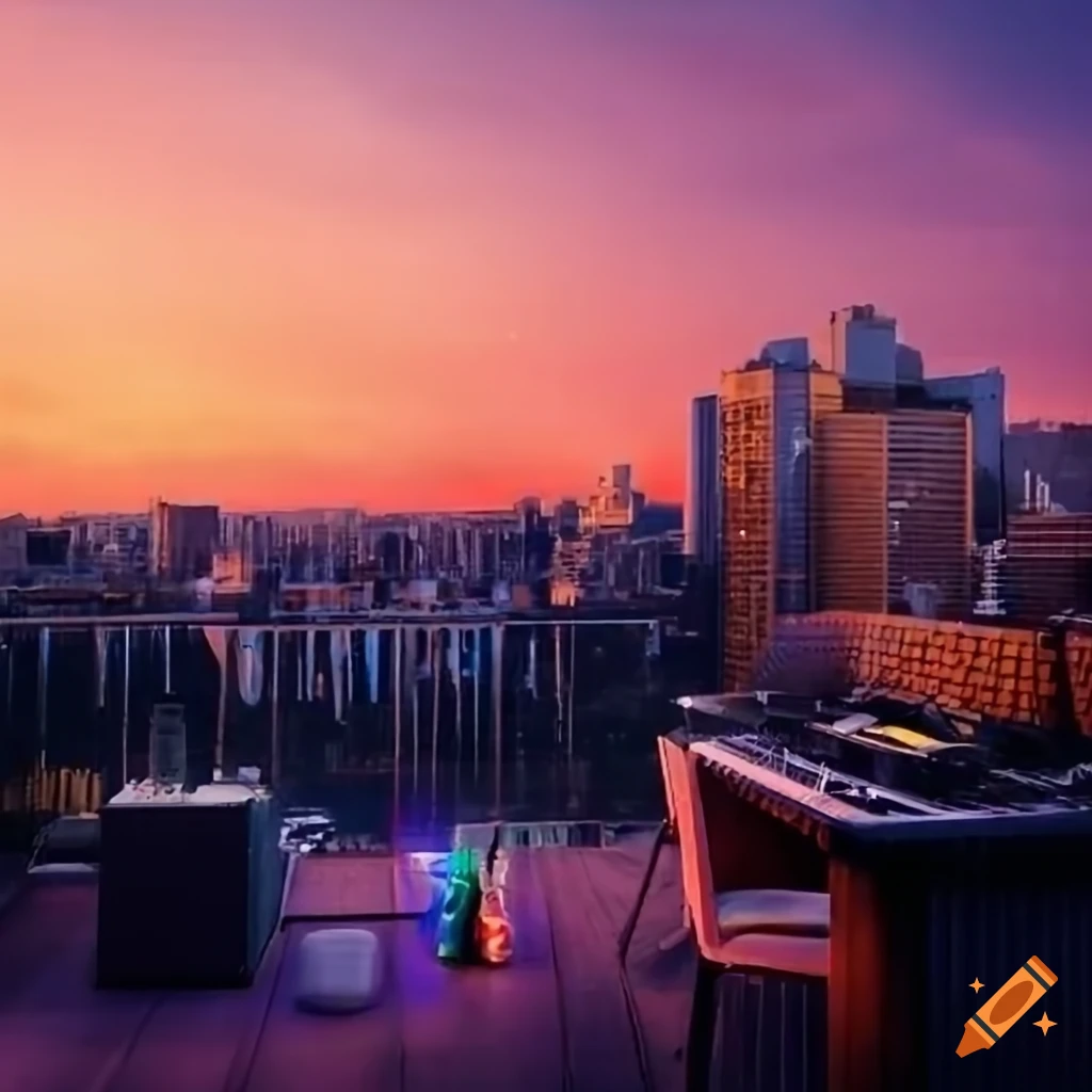 Picture of a roof top terrace with a dj playing music and sun setting ...