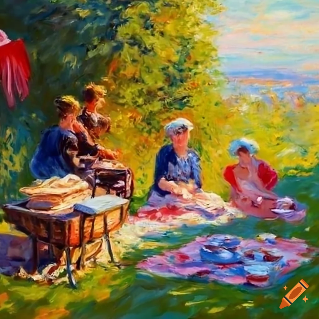 Claude monet style painting of a fourth of july backyard bbq picnic