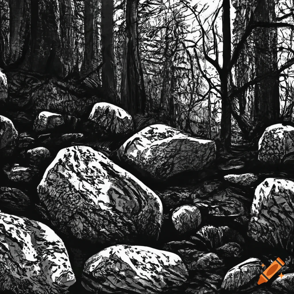 Clump of boulders in a forest line drawing black and white on Craiyon
