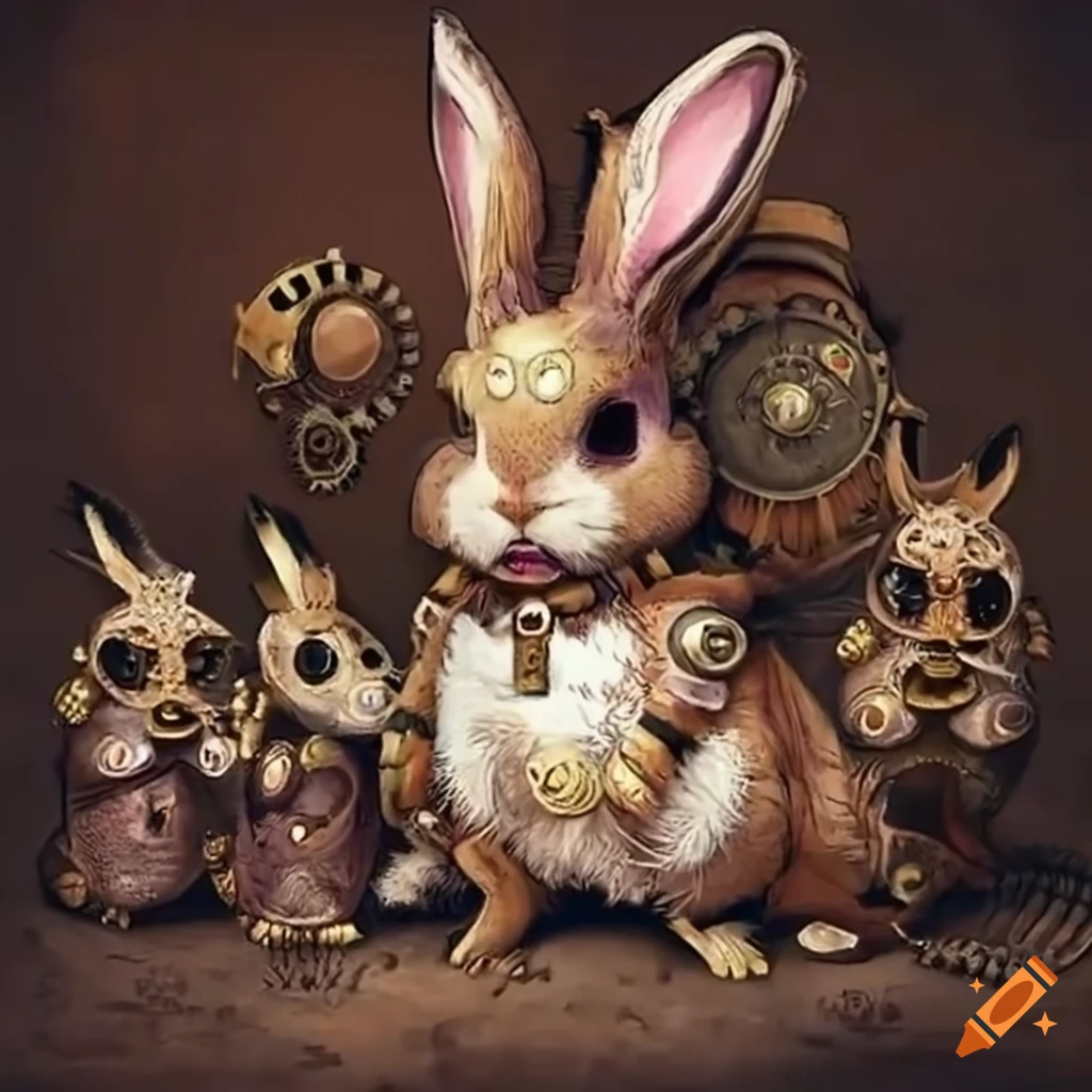 Steampunk rabbit join to group of another rabbits