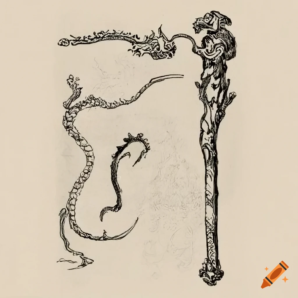 Pen-and-ink line drawing of a wizard's staff with an engraving of a ...