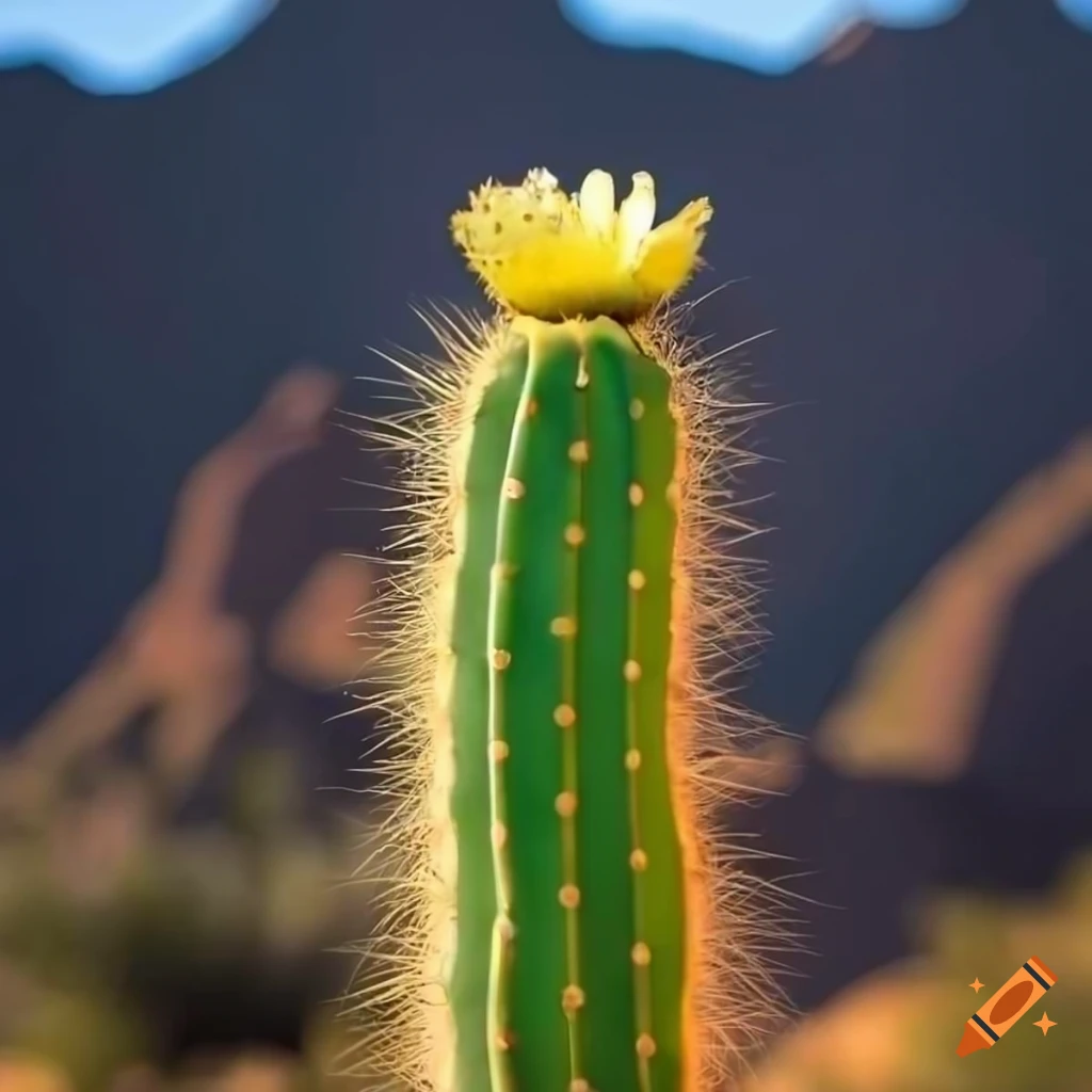 Full-body view of vibrant green cactus blooming in the Sonoran desert ...