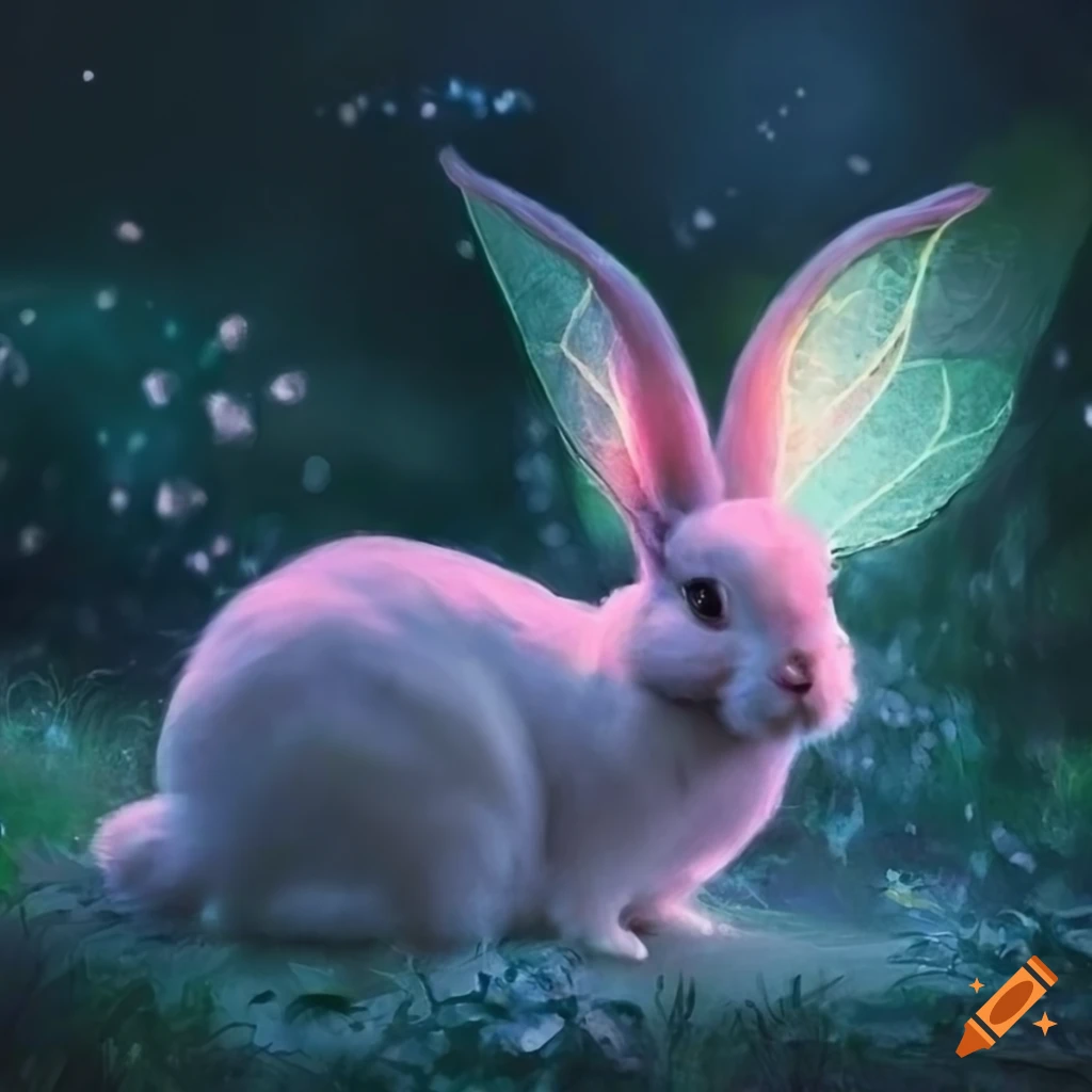 Bunny with fairy wings is sitting in a clearing at night, soft pastels ...