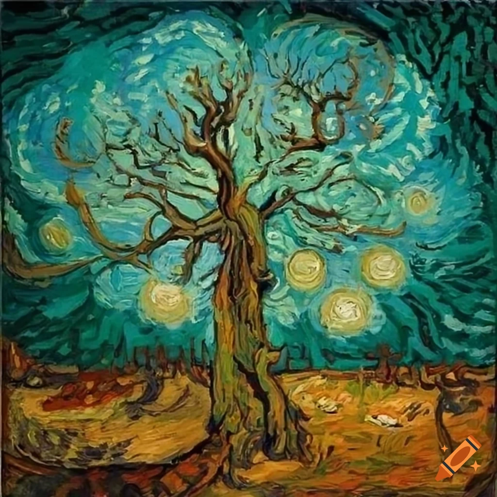 Mother tree and fungi in the style of van gogh