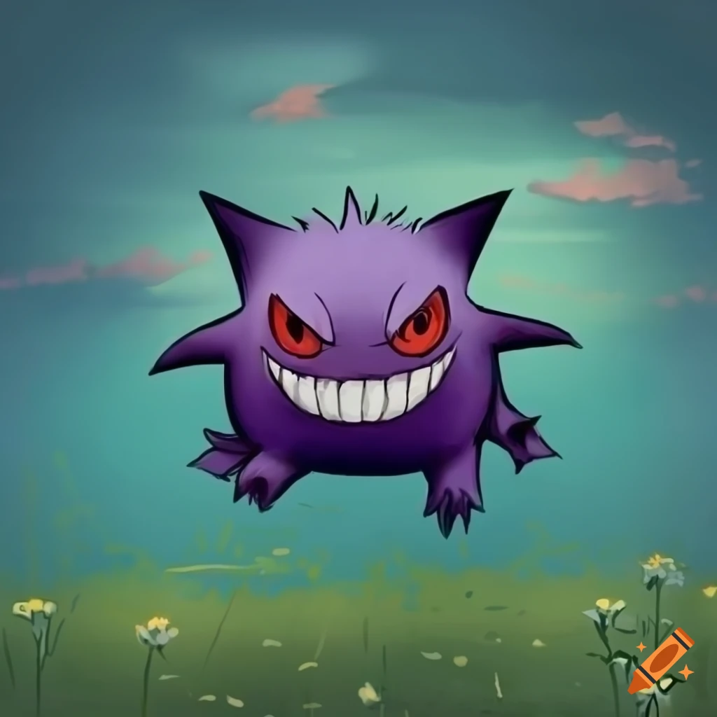Gengar in a meadow by a lake