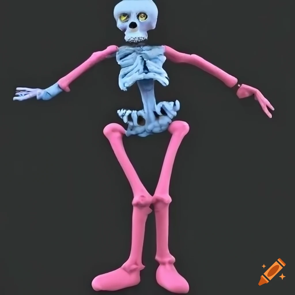 Claymation skeleton puppet, blue, pink, 3d, boney danza rainbows on Craiyon