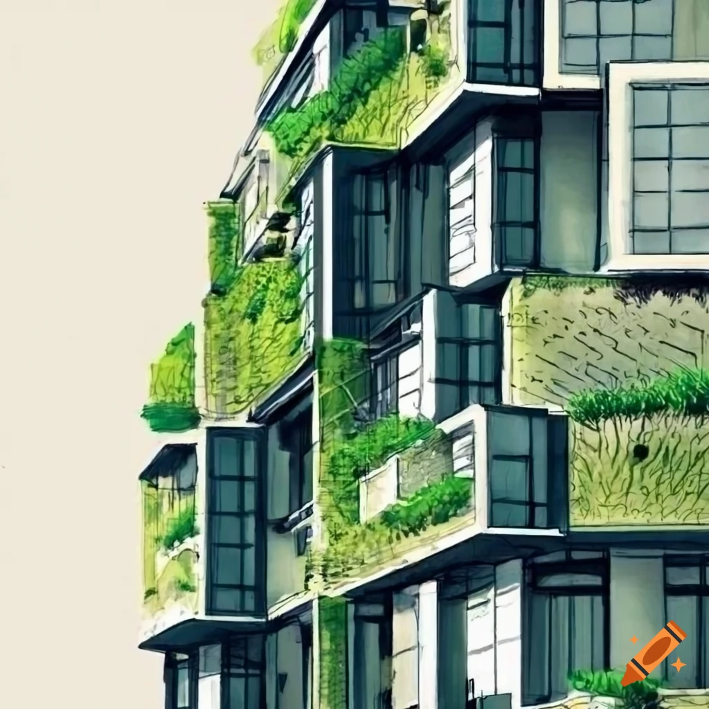 Urban space detail drawing architecture greenbuilding on Craiyon