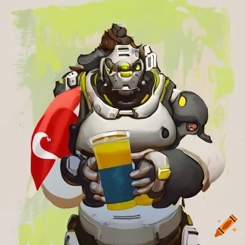 Winston from overwatch drinking juice in the jungle with a turkey flag ...