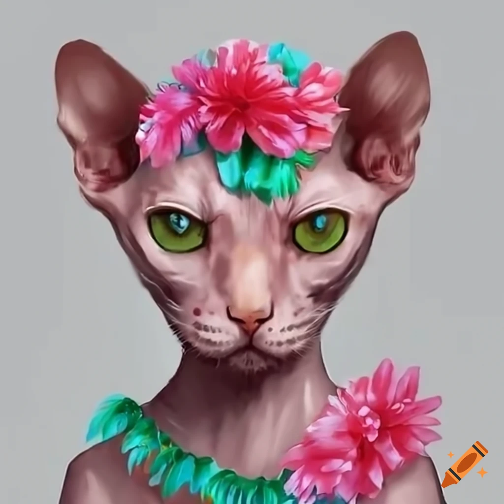 A hairless cat wearing a hawaiian outfit and lei