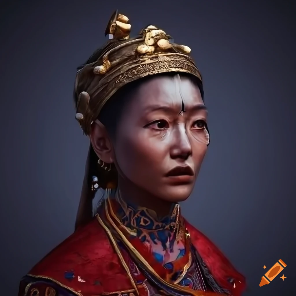 Detailed and realistic unreal engine style tibetan matriarch, dark skin ...