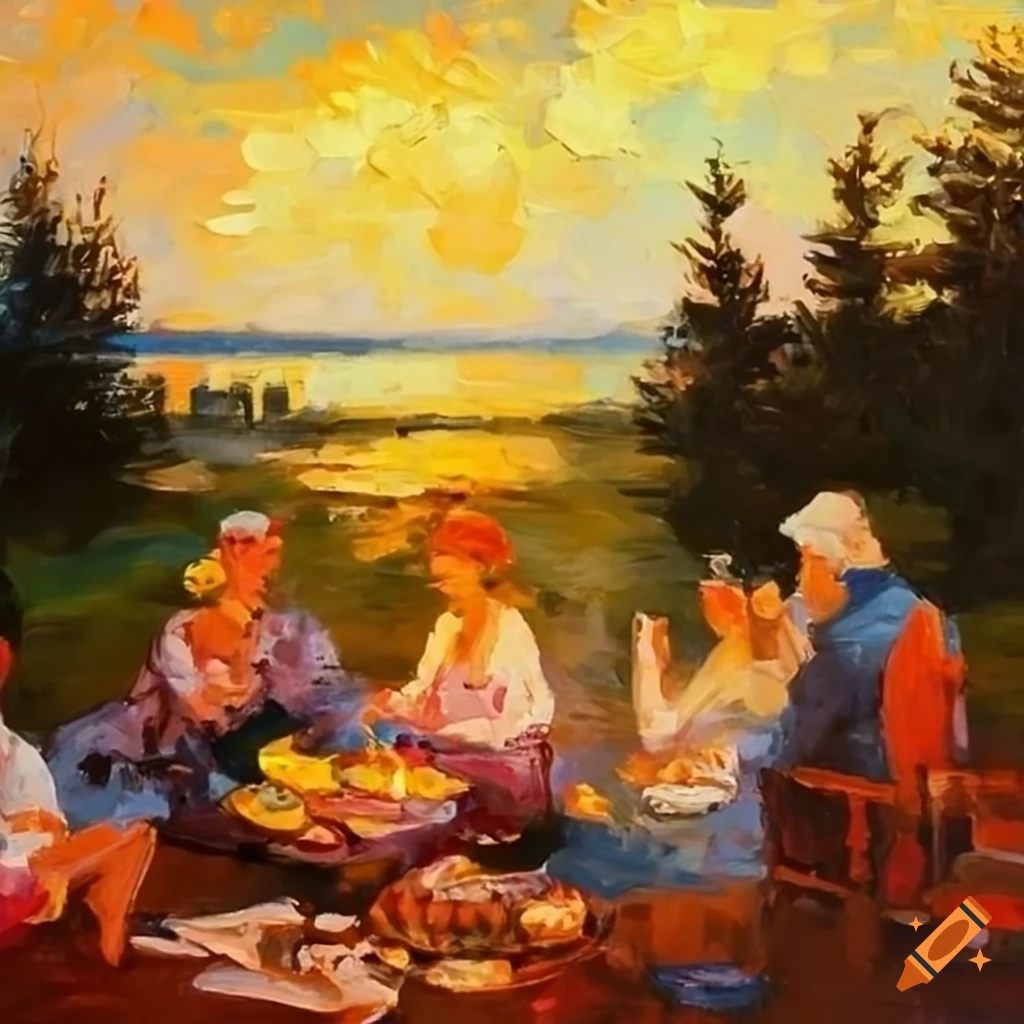 An impressionist style painting of people having a bbq party in the ...