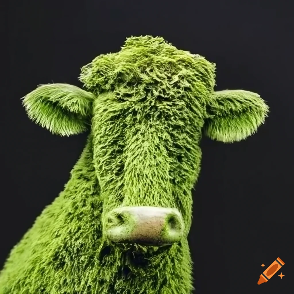A green cow sculpture made of moss, close up view on Craiyon