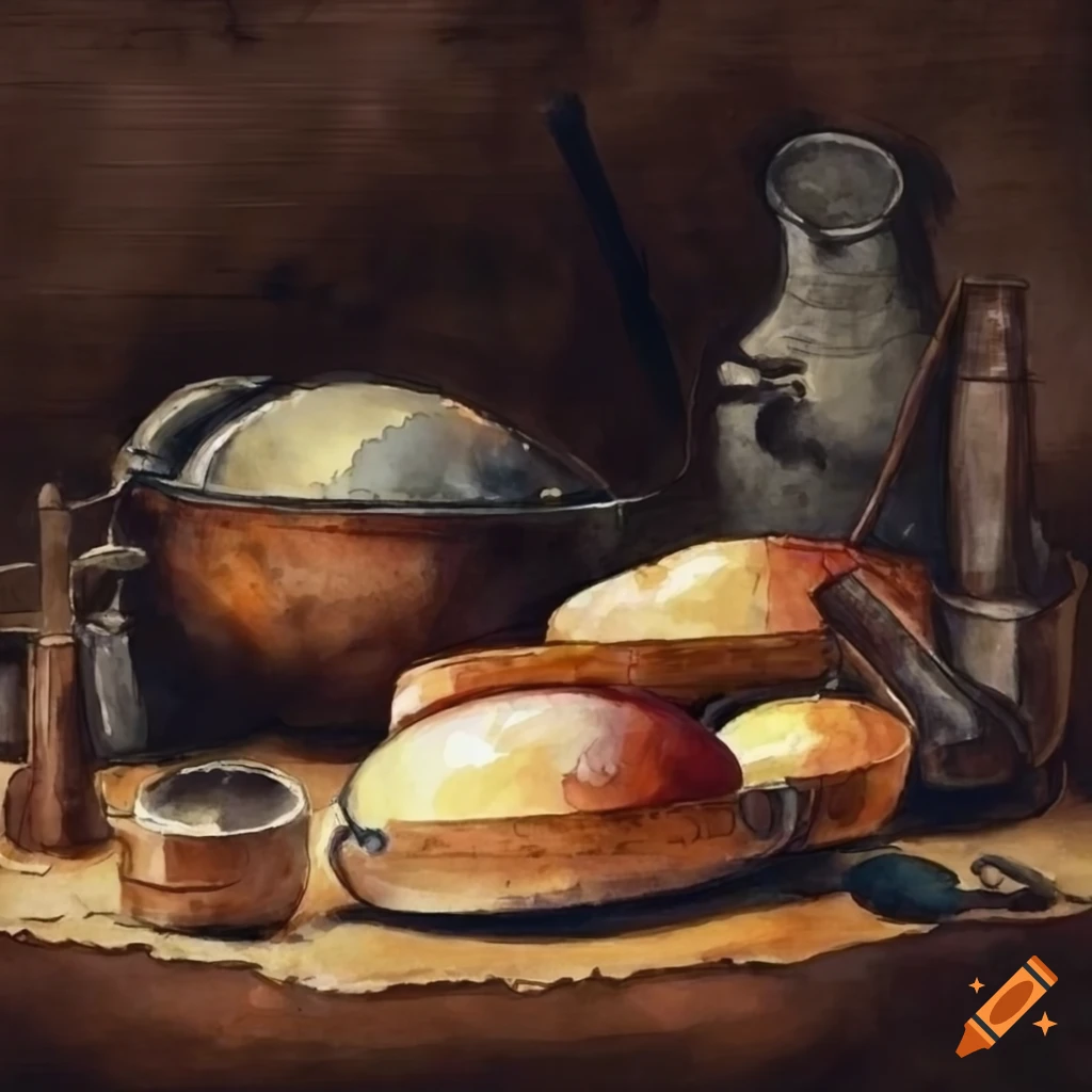 Cooking equipment in medieval kitchen watercolour on Craiyon