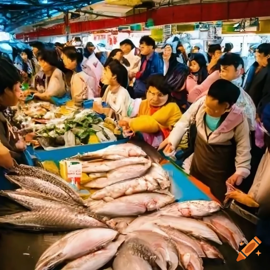 Crowded market with fish and seafood stalls in Seoul Korea on Craiyon