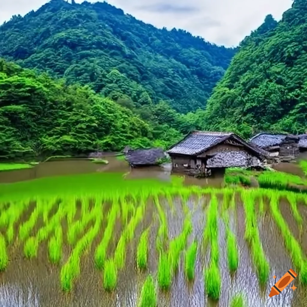 Rice planting scene in a Japanese mountain village on Craiyon