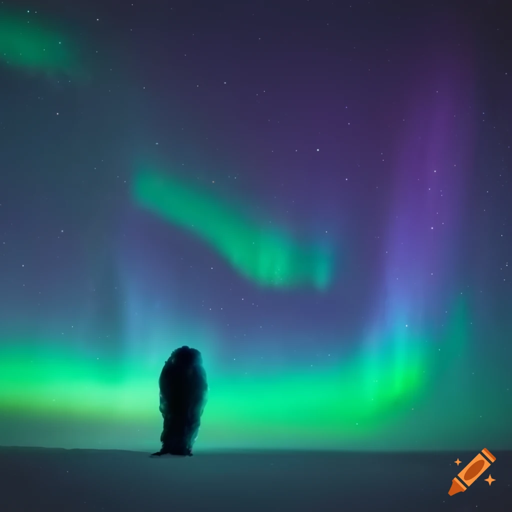 A solemn yeti gazing at the dark blue ocean under the auroras