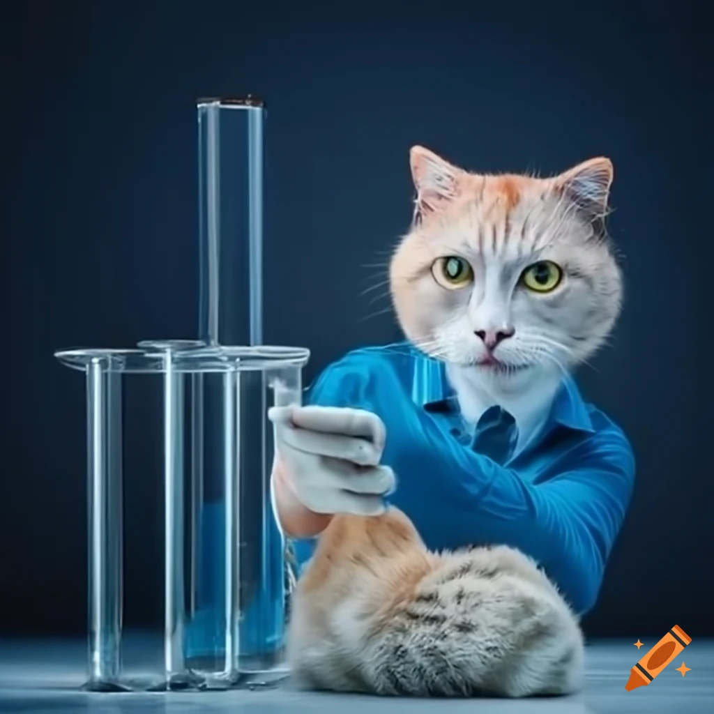 Cat einstein in chemistry lab pouring test tubes on Craiyon