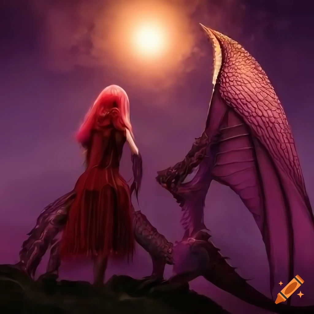 Purple dragon with pink-haired girl on back, fantasy, sun glowing ...