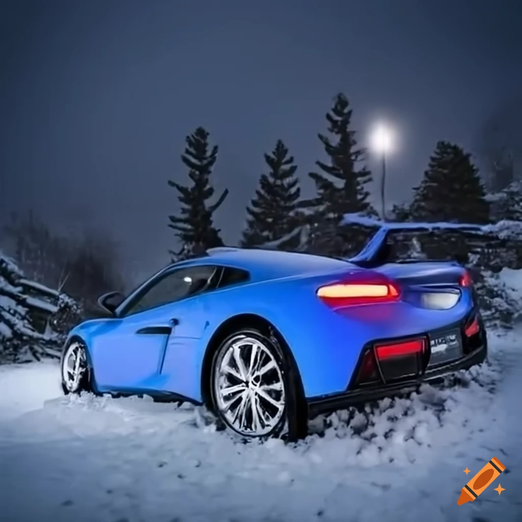 Blue sports car with white tyres in the snow, at night
