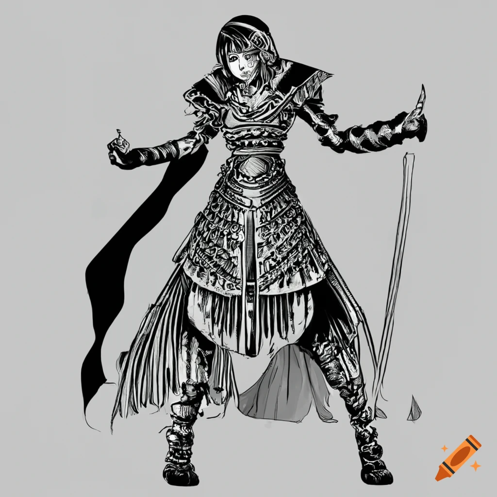 Medieval style characters full-body line-art in black and white on Craiyon