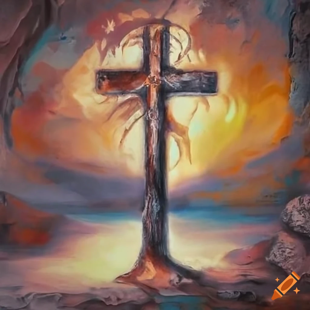 Ancient cave art of yin yang and christian cross