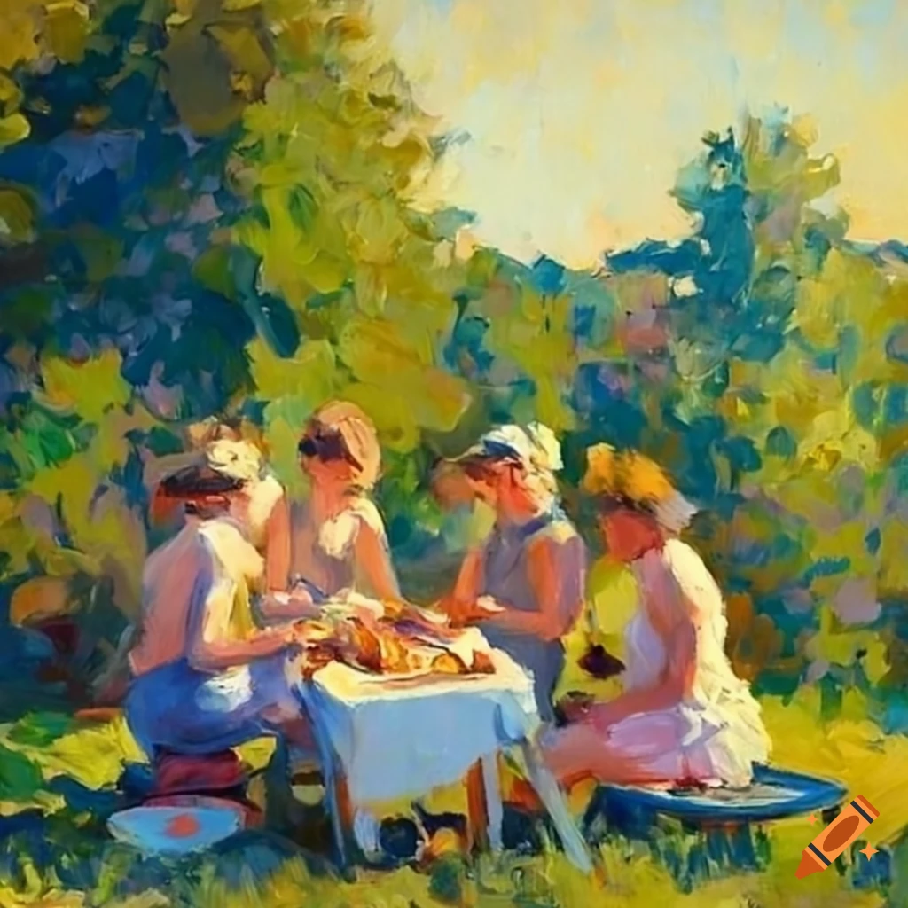 An impressionist painting with people enjoying a summer barbecue