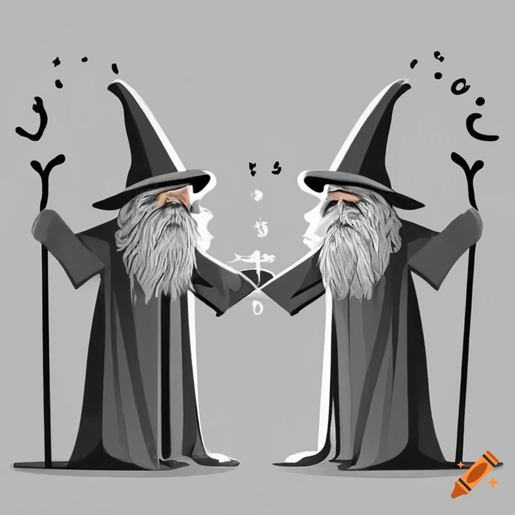Two magicians gandalf style speaking together with 2 magic sticks on ...