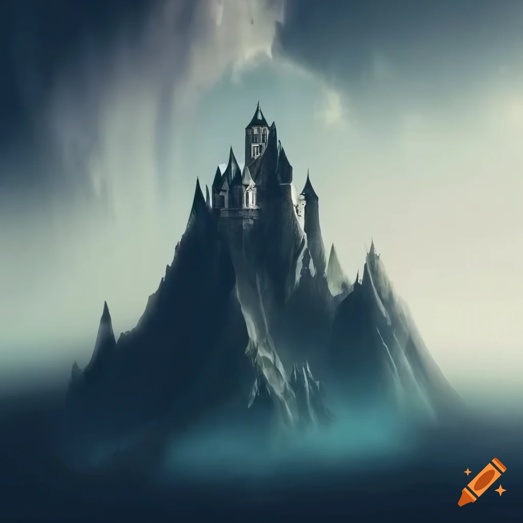 Fantasy style, moody landscape, tall mountain cliff with white crystal ...