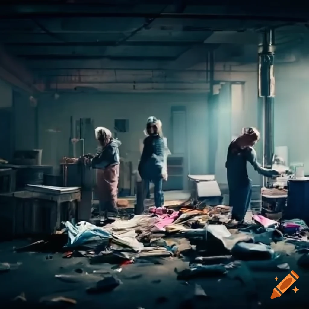 A team cleaning a messy production hall on Craiyon