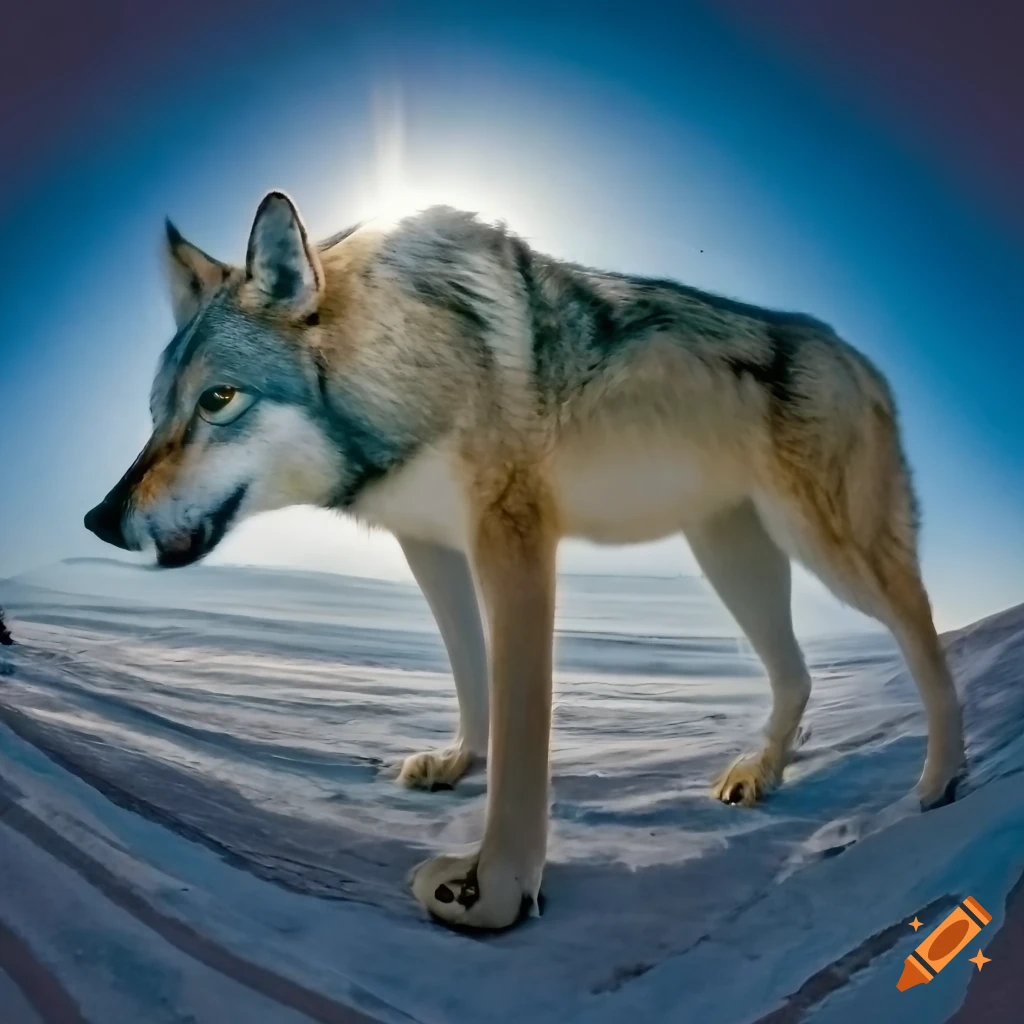 Fisheye action photo of a wolf on Craiyon