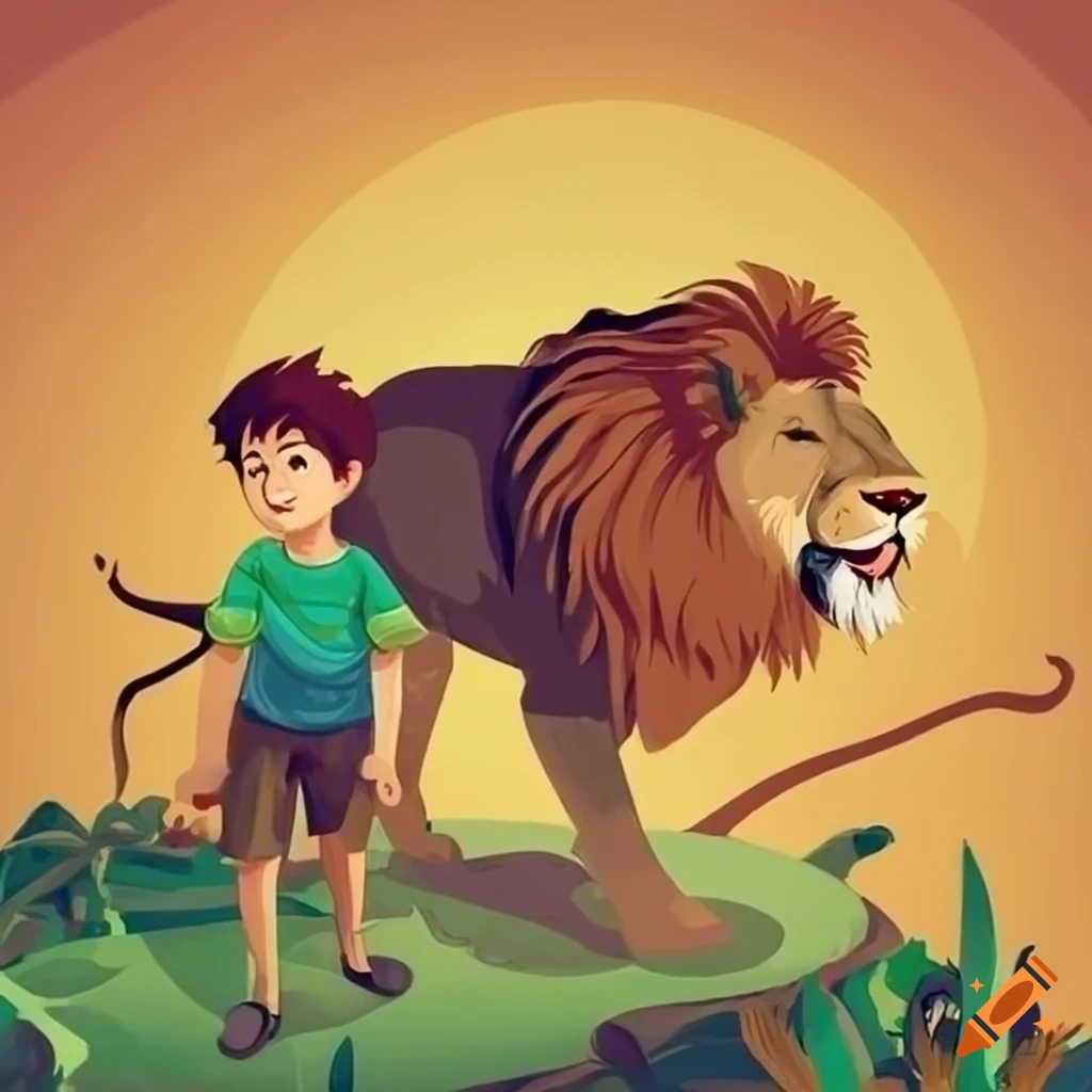 In the illustration, a majestic lion stands beside a brave boy in the ...