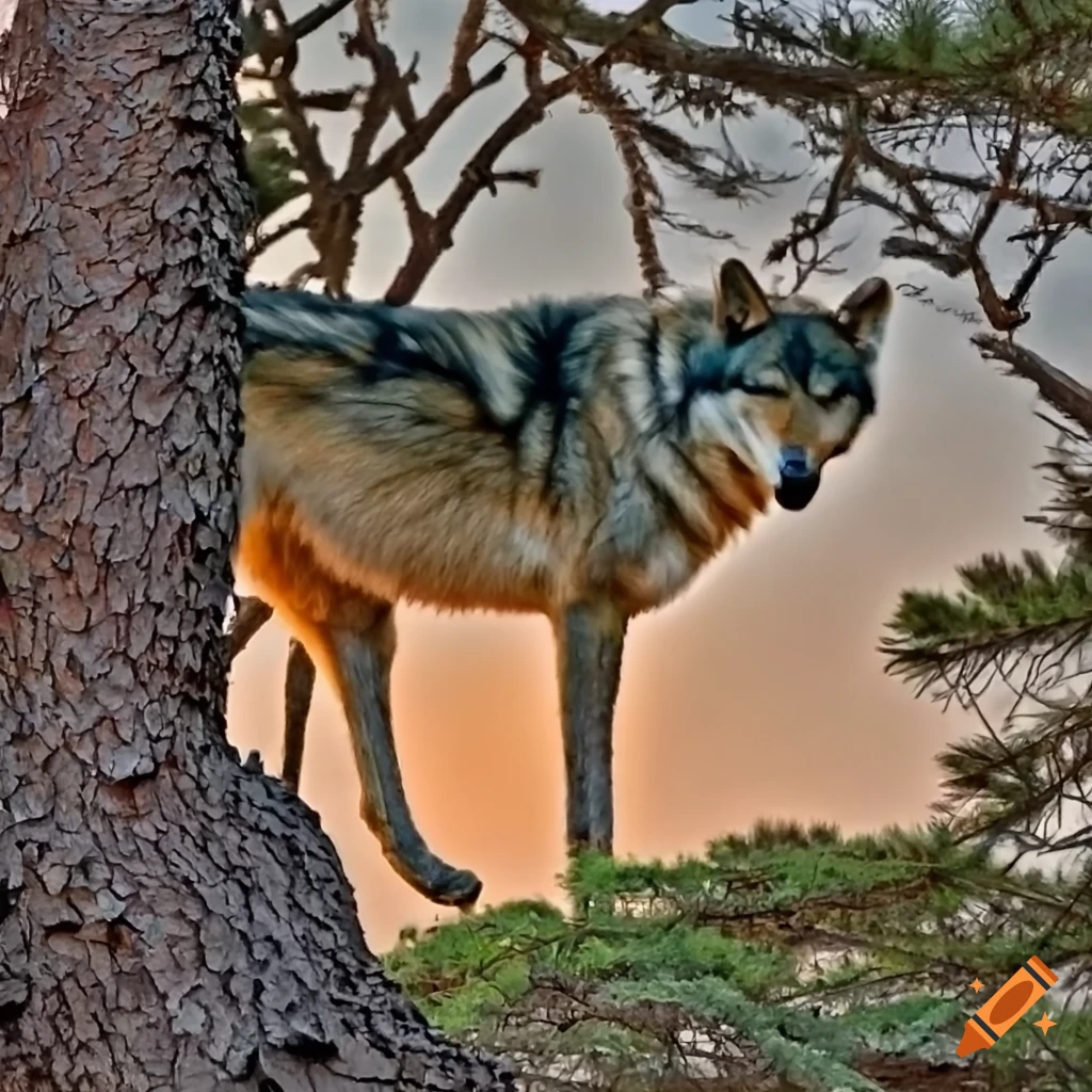A majestic wolf perched atop a pine tree at sunset on Craiyon