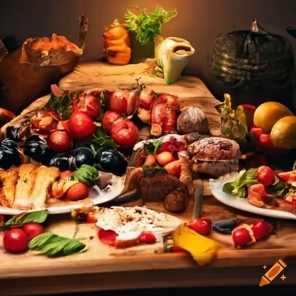 Delicious local food in a giant table on Craiyon