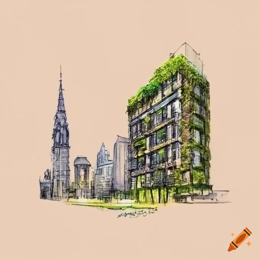 Urban space detail drawing architecture greenbuilding on Craiyon