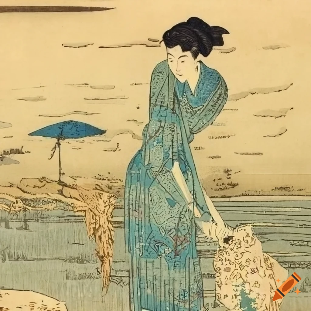 Cartographer measuring rice field, japanese woodblock print, ukiyo-e ...