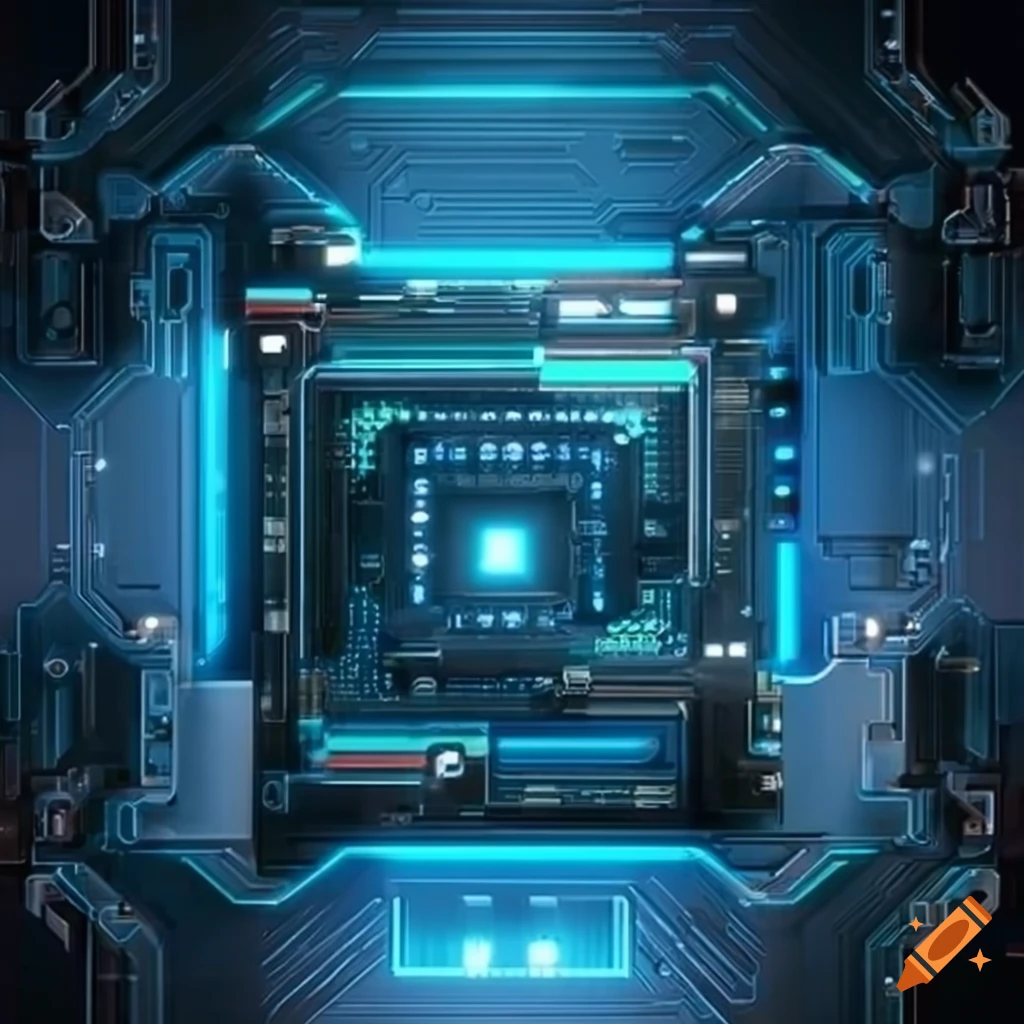 High tech futuristic sci-fi computer circuit board frontal view square ...