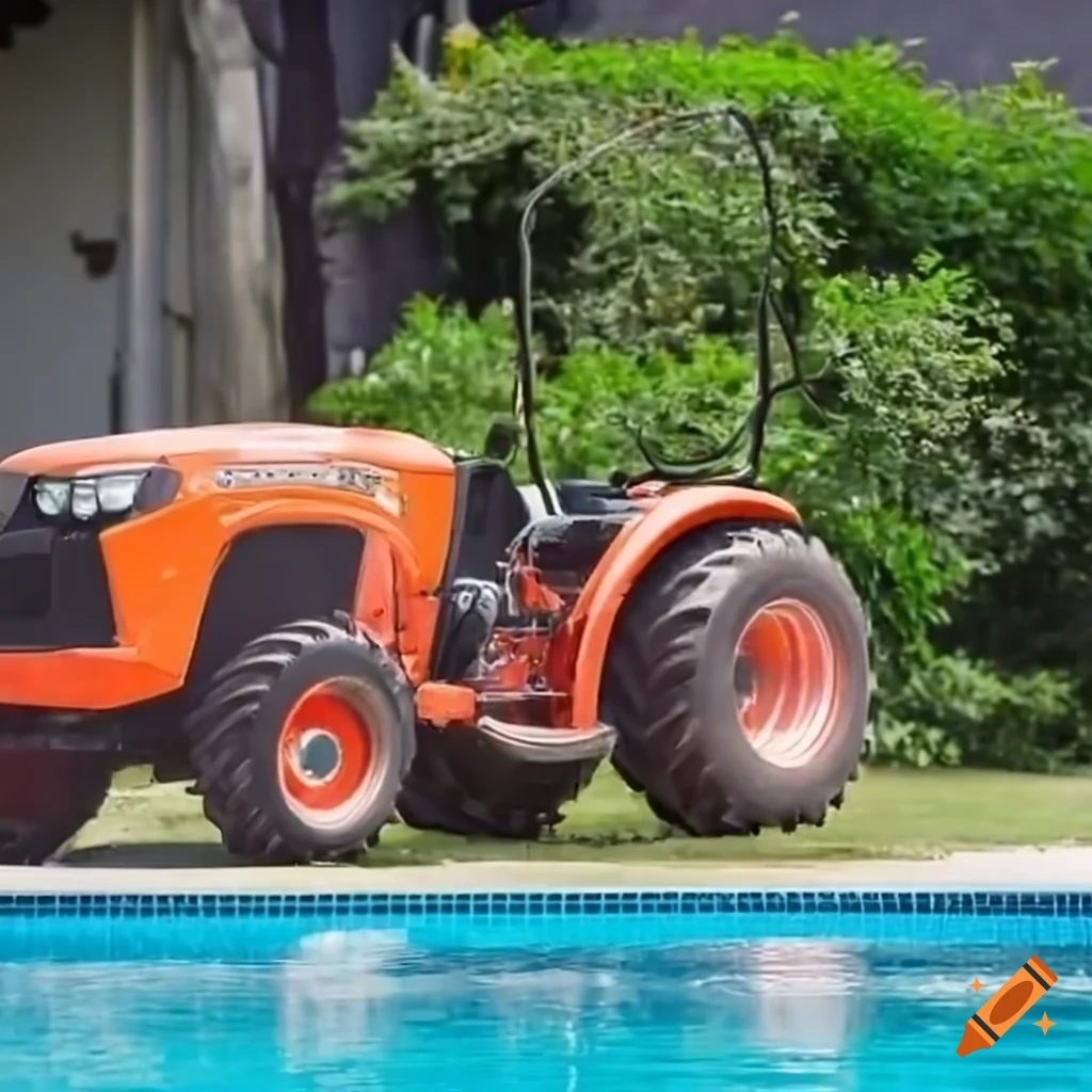Kubota tractor next to a swimming pool in summer
