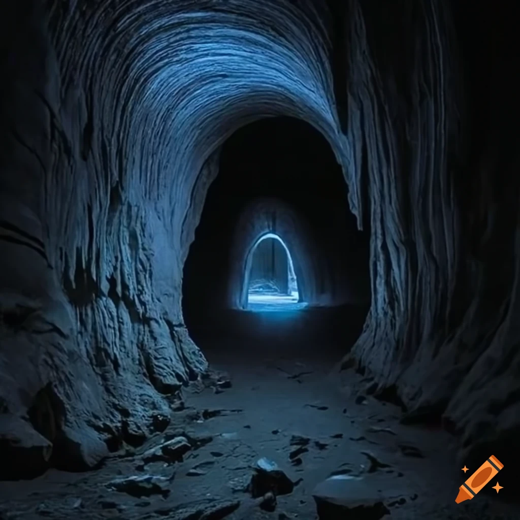 A dark cave with a dim light at the end of the tunnel on Craiyon