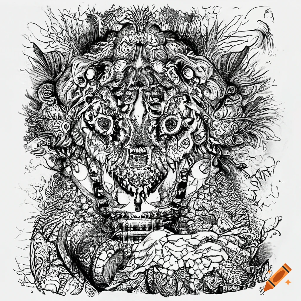An intricate black and white coloring page featuring cryptids