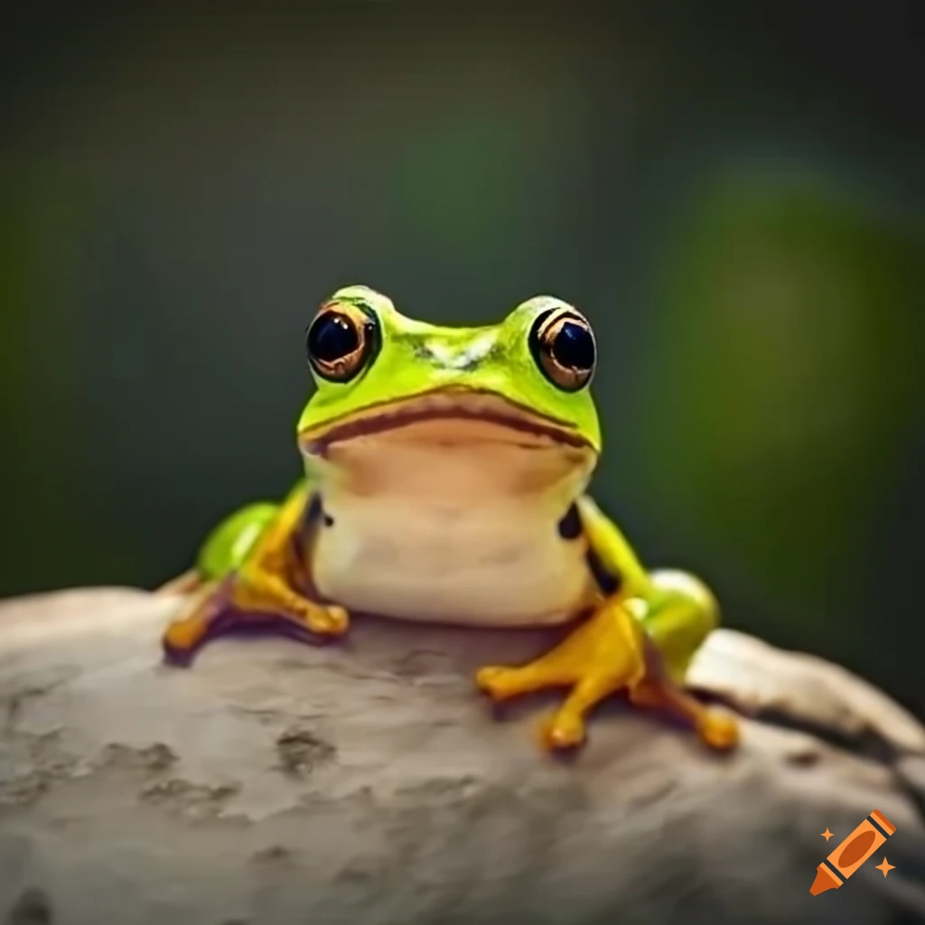 A cool colorful frog sitting on a rock by the water staring at the ...