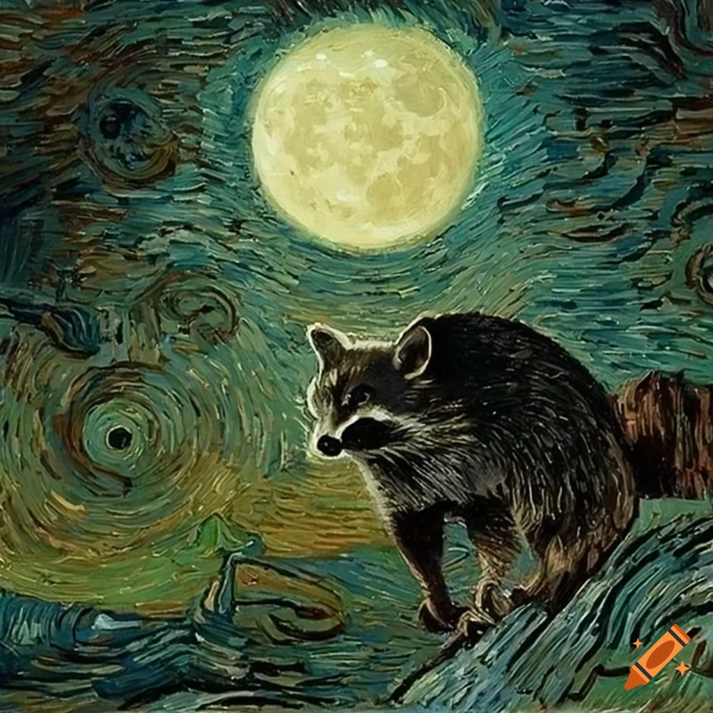 Raccoon under a full moon by vincent van gogh