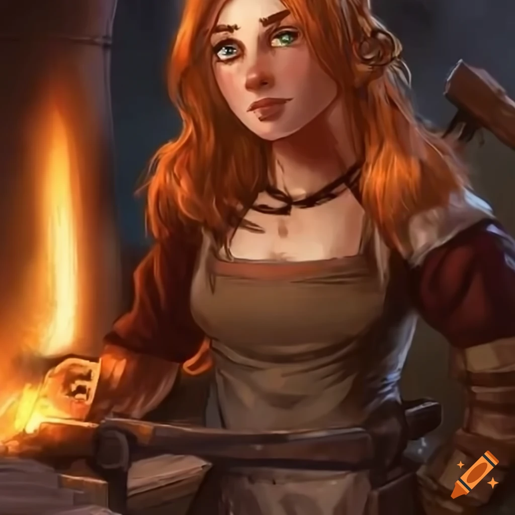 Female dwarven blacksmith with auburn hair and freckles working at a forge