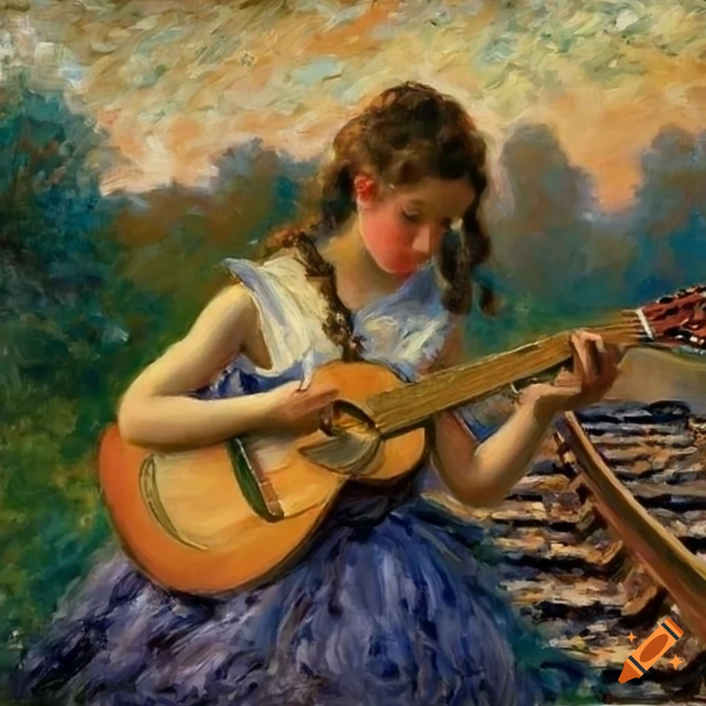 Painting of a girl playing a guitar by the train tracks by monet