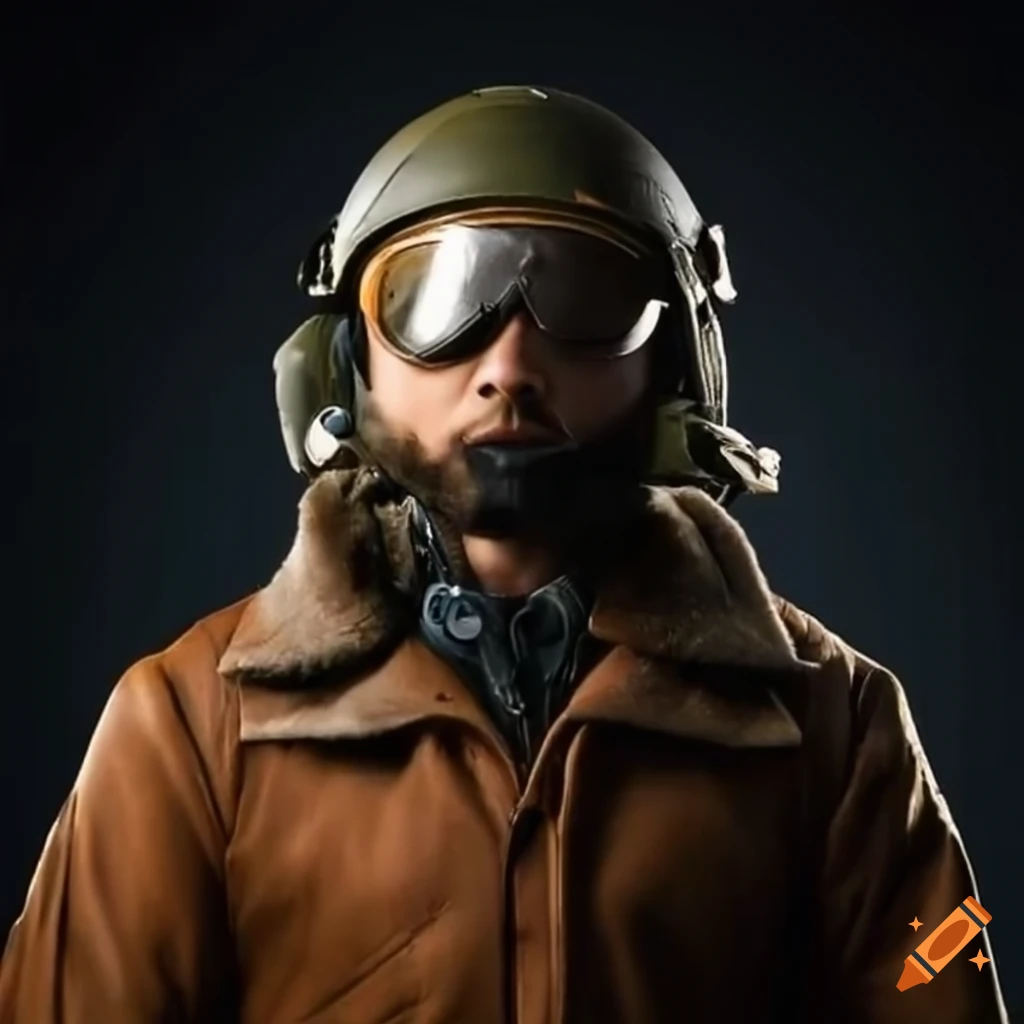 Handsome pilot in sheepskin jumpsuit and leather flight helmet on Craiyon
