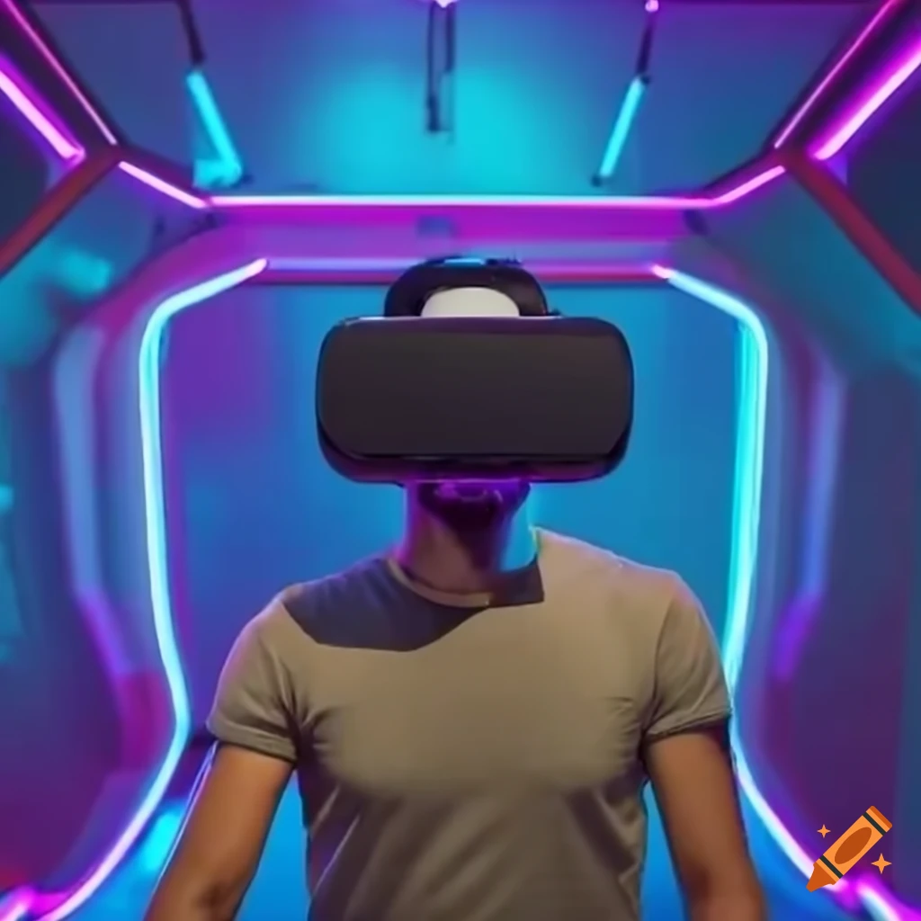 Man wearing vr headset in futuristic vr booth on Craiyon