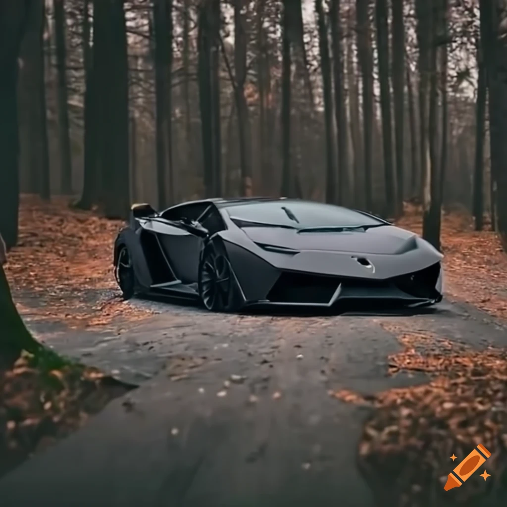 Dark lamborghini driving fast in the woods on Craiyon
