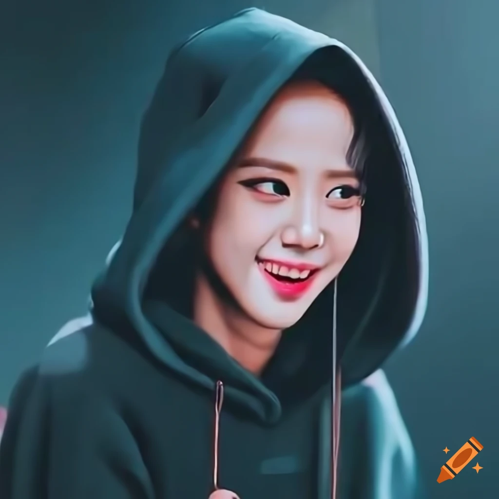 Jisoo smiling in a black hoodie on Craiyon