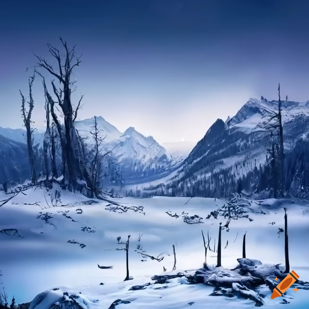 A large fantasy snowy land surrounded by snowy mountains and has dead trees