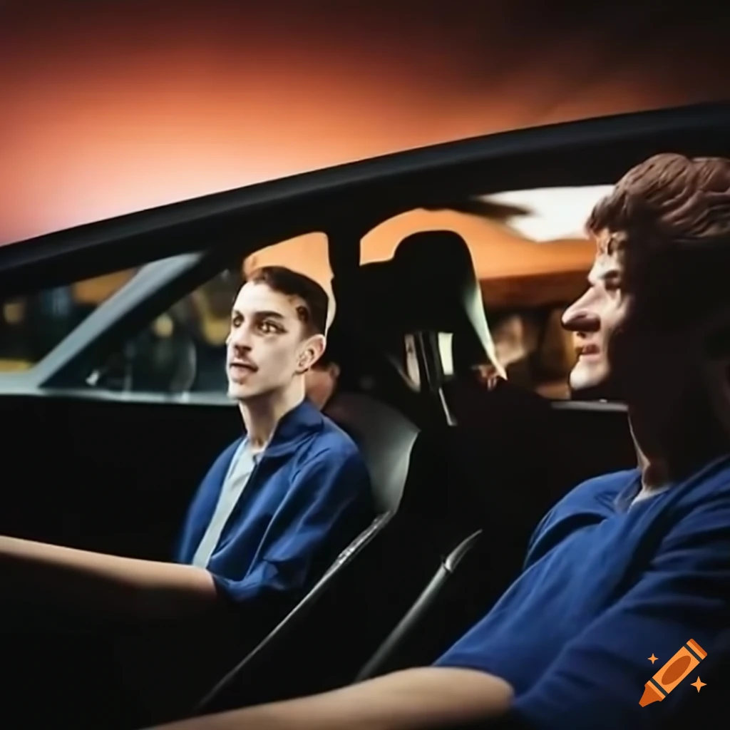 A group of young men driving an automobile