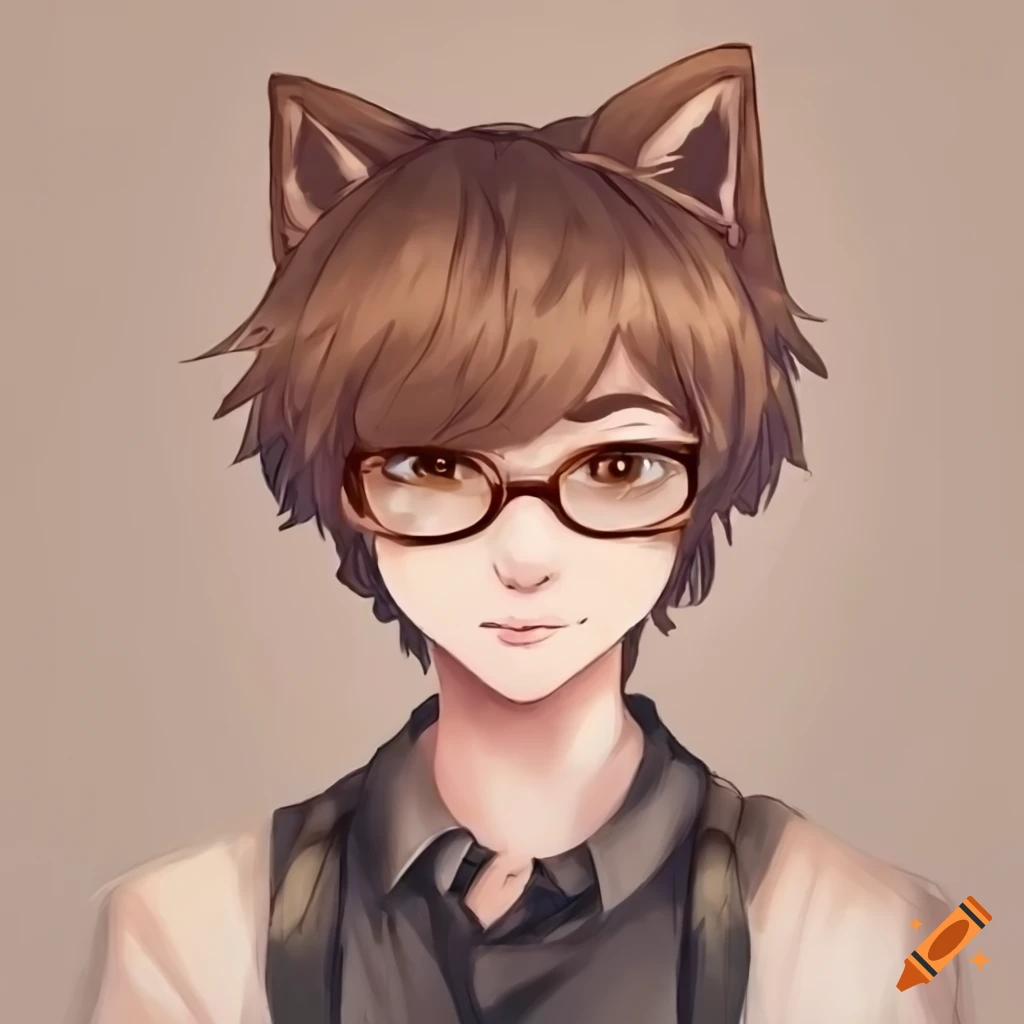 Catboy with short brown hair, brown eyes and glasses looking a bit nerdy